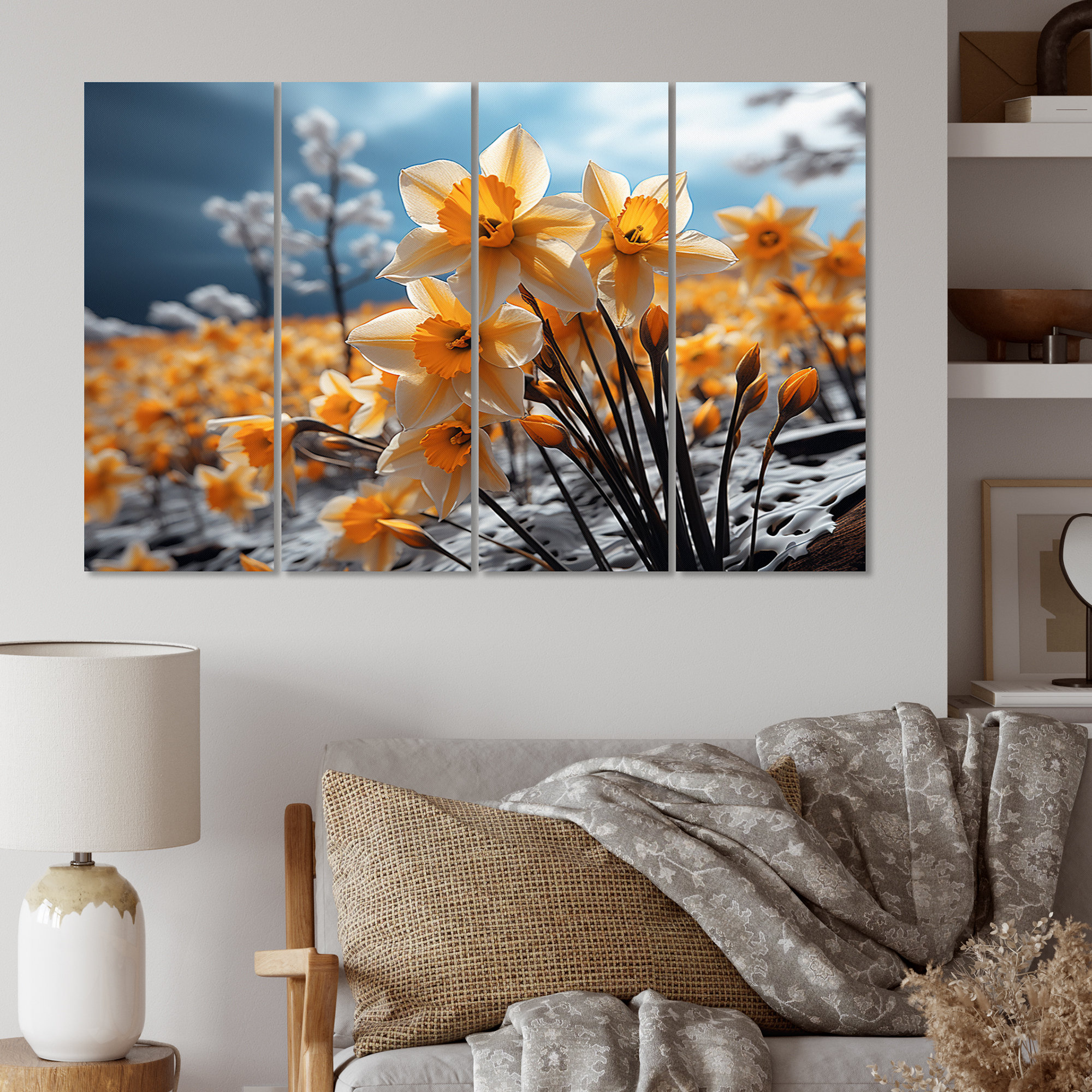 Design Art Daffodils Field Yellow Vibrant II - Floral Wall Art Print - 4 Panels | Wayfair
